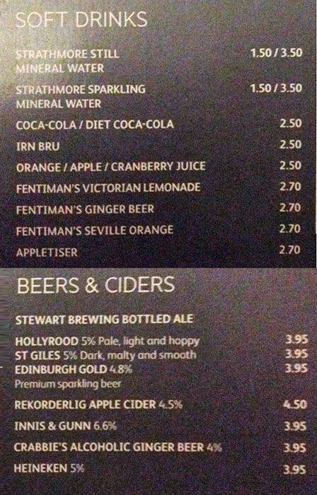 Menu at Museum Brasserie cafe, Edinburgh