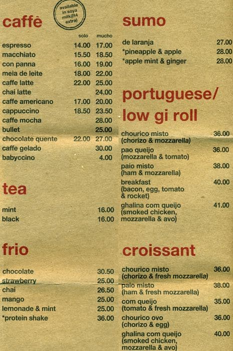 Menu at vida e caffè The Square cafe, Umhlanga, Shop 2