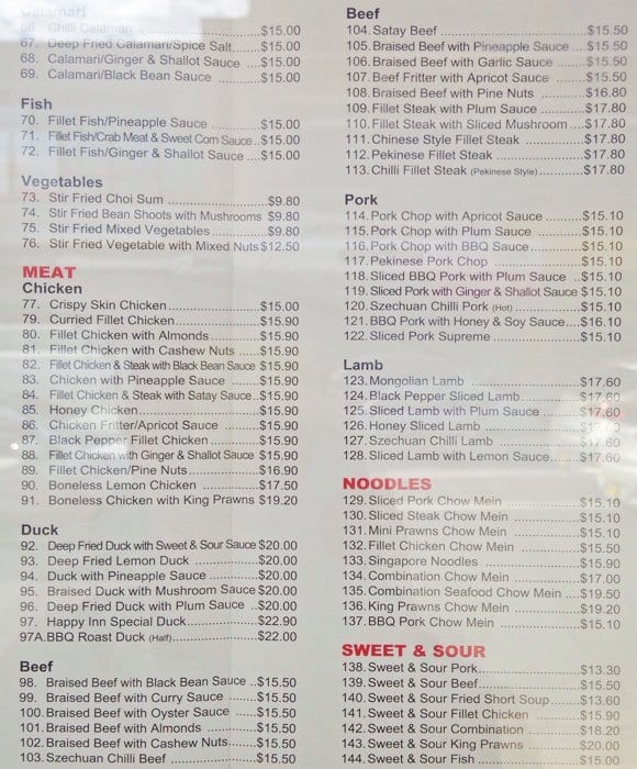 Menu at Happy Inn restaurant, Penrith