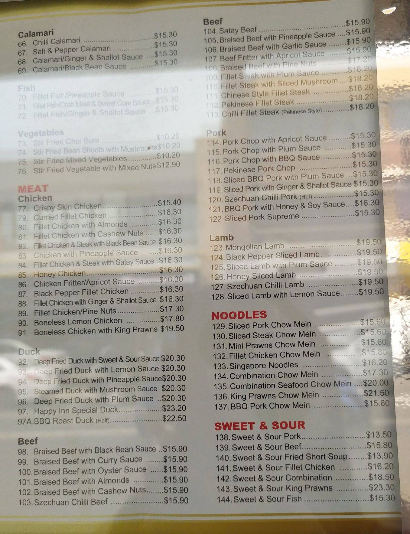 Menu at Happy Inn restaurant, Penrith