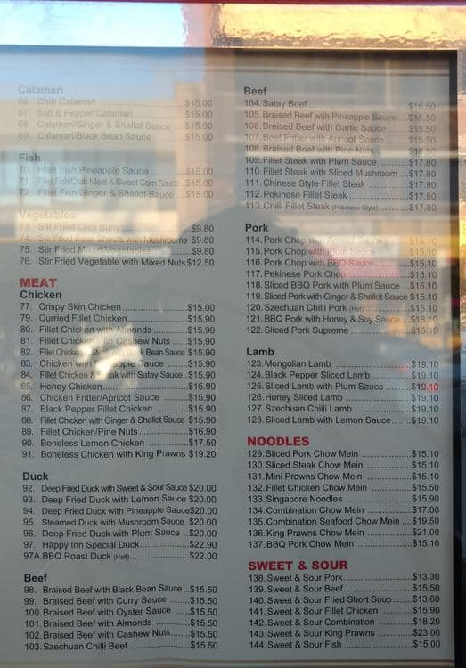 Menu at Happy Inn restaurant, Penrith