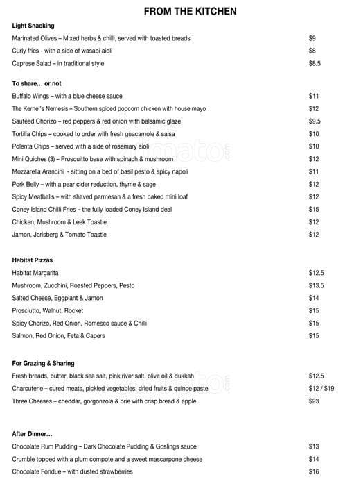 Menu at Habitat Lounge pub & bar, Fitzroy