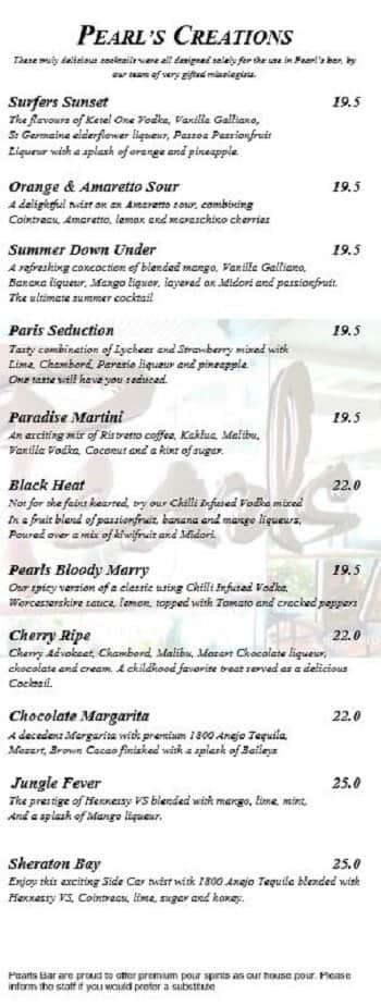 Menu at Pearls Bar, Main Beach, 71 Seaworld Dr