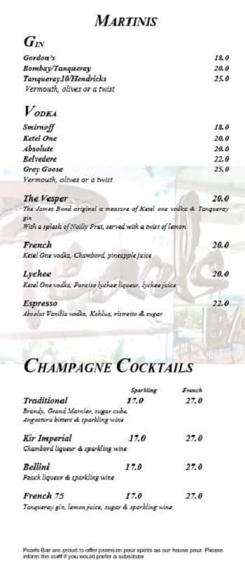 Menu at Pearls Bar, Main Beach, 71 Seaworld Dr