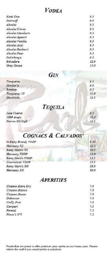 Menu at Pearls Bar, Main Beach, 71 Seaworld Dr