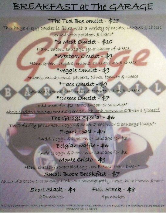 Menu at The Garage pub & bar, Bremerton, Kitsap Way