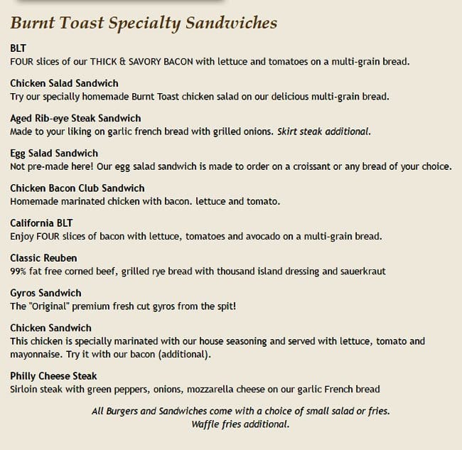 Menu at Burnt Toast Restaurant, Elgin