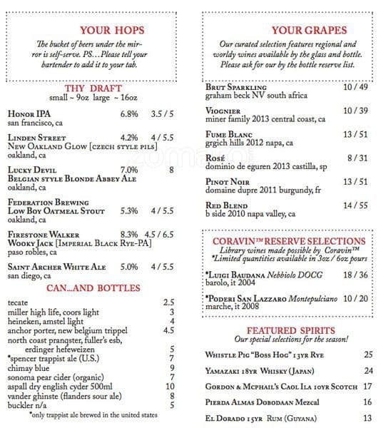 Menu at Honor Kitchen & Cocktails pub & bar, Emeryville