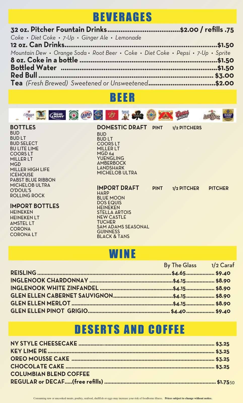 Menu at The Cage Bar and Grill, Hollywood