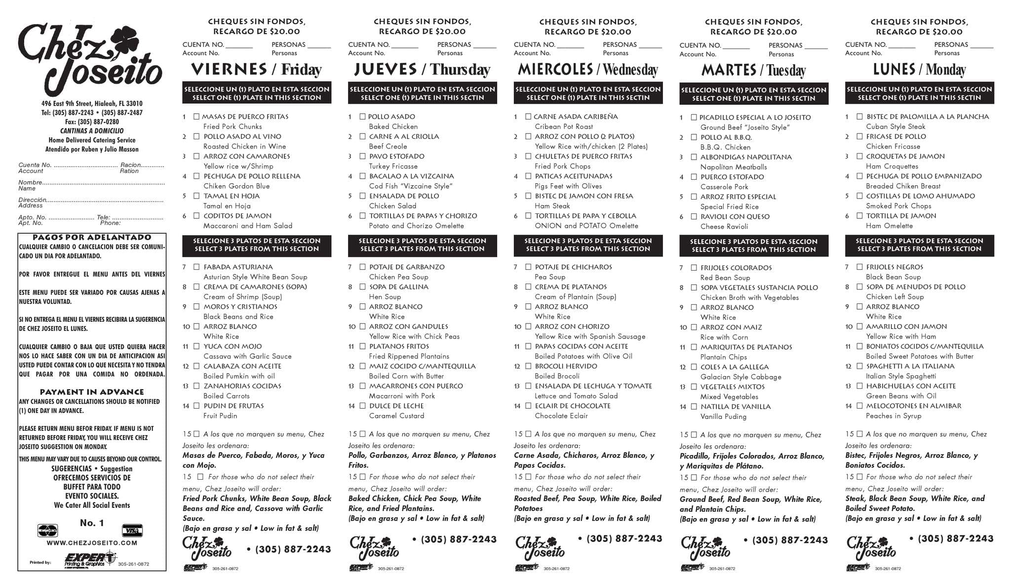 Menu at Chez Joseito restaurant, Hialeah, 496 E 9th St