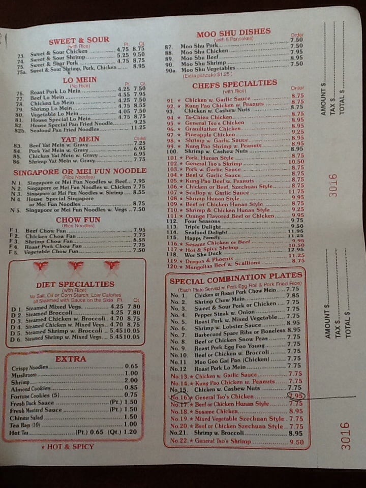 Menu at Lim Fongs restaurant, Mount Holly