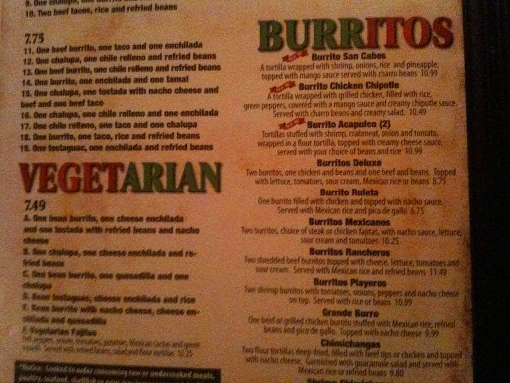 Menu at El Loro restaurant, Chesapeake