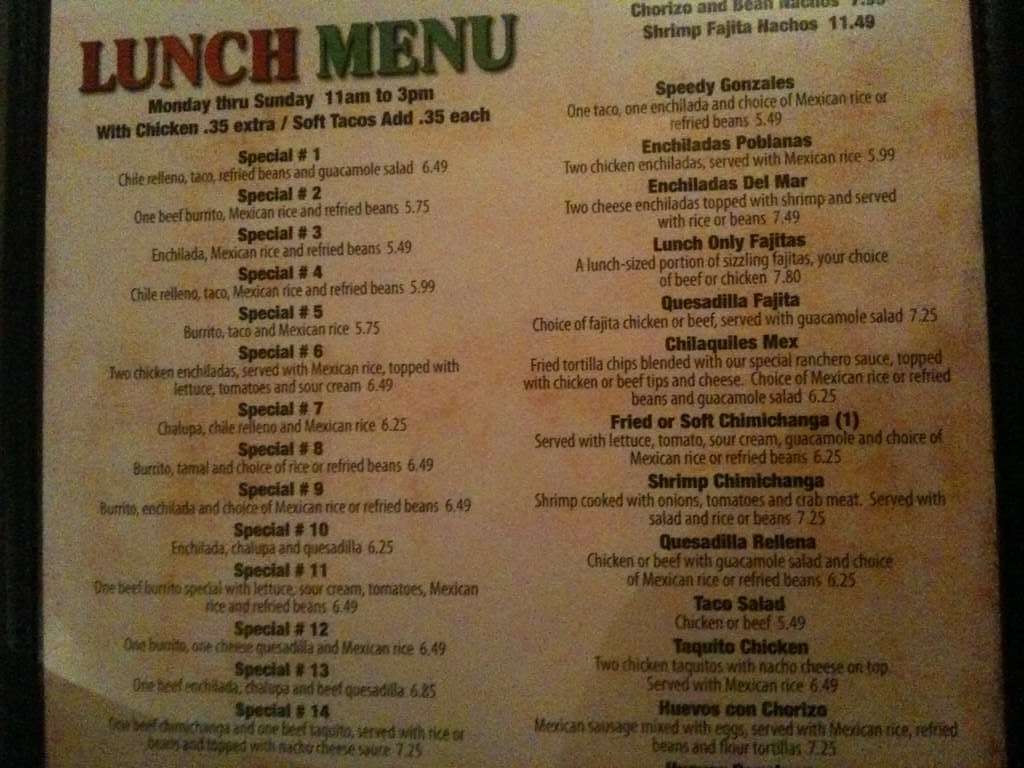 Menu at El Loro restaurant, Chesapeake
