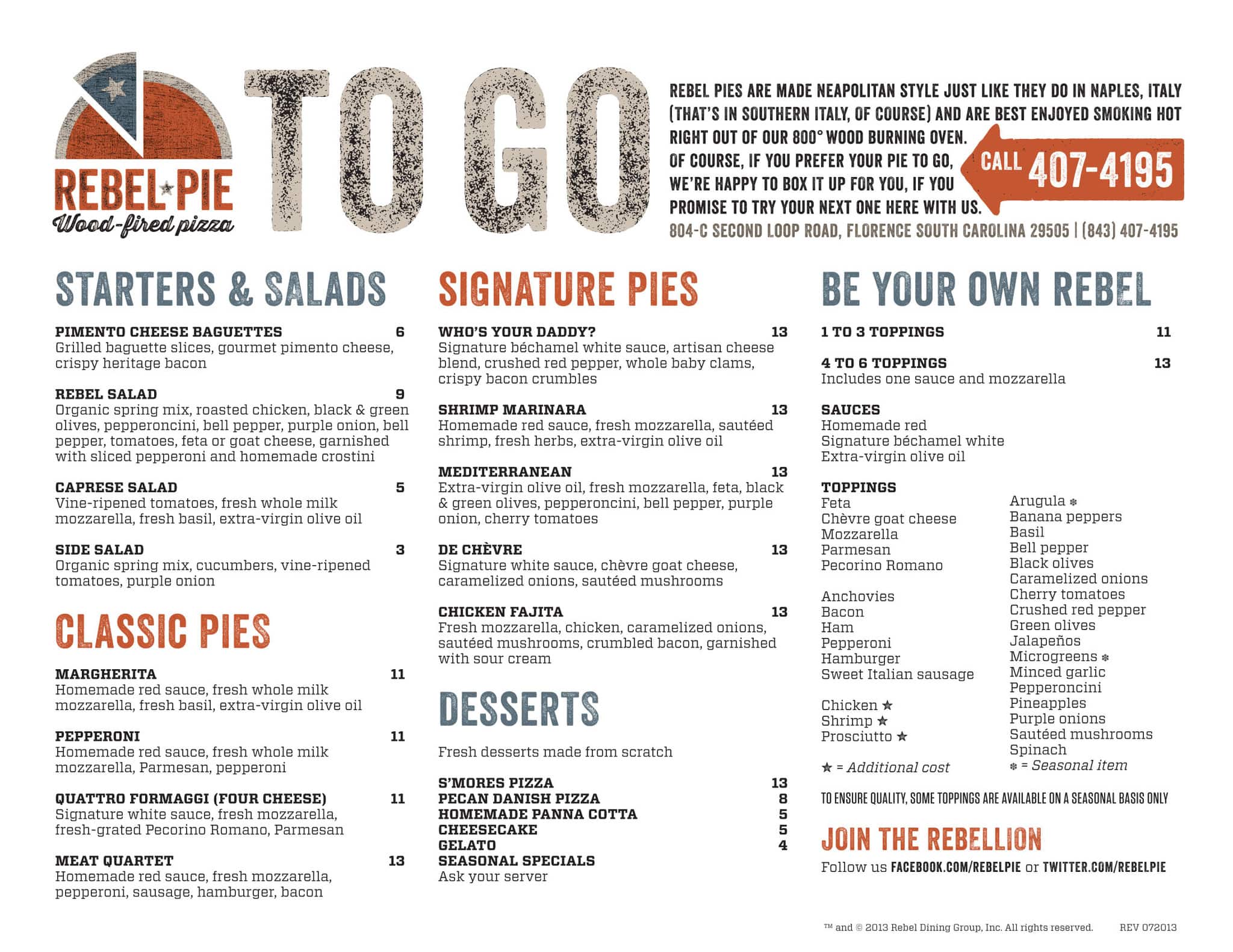 Menu at Rebel Pie pizzeria, Florence