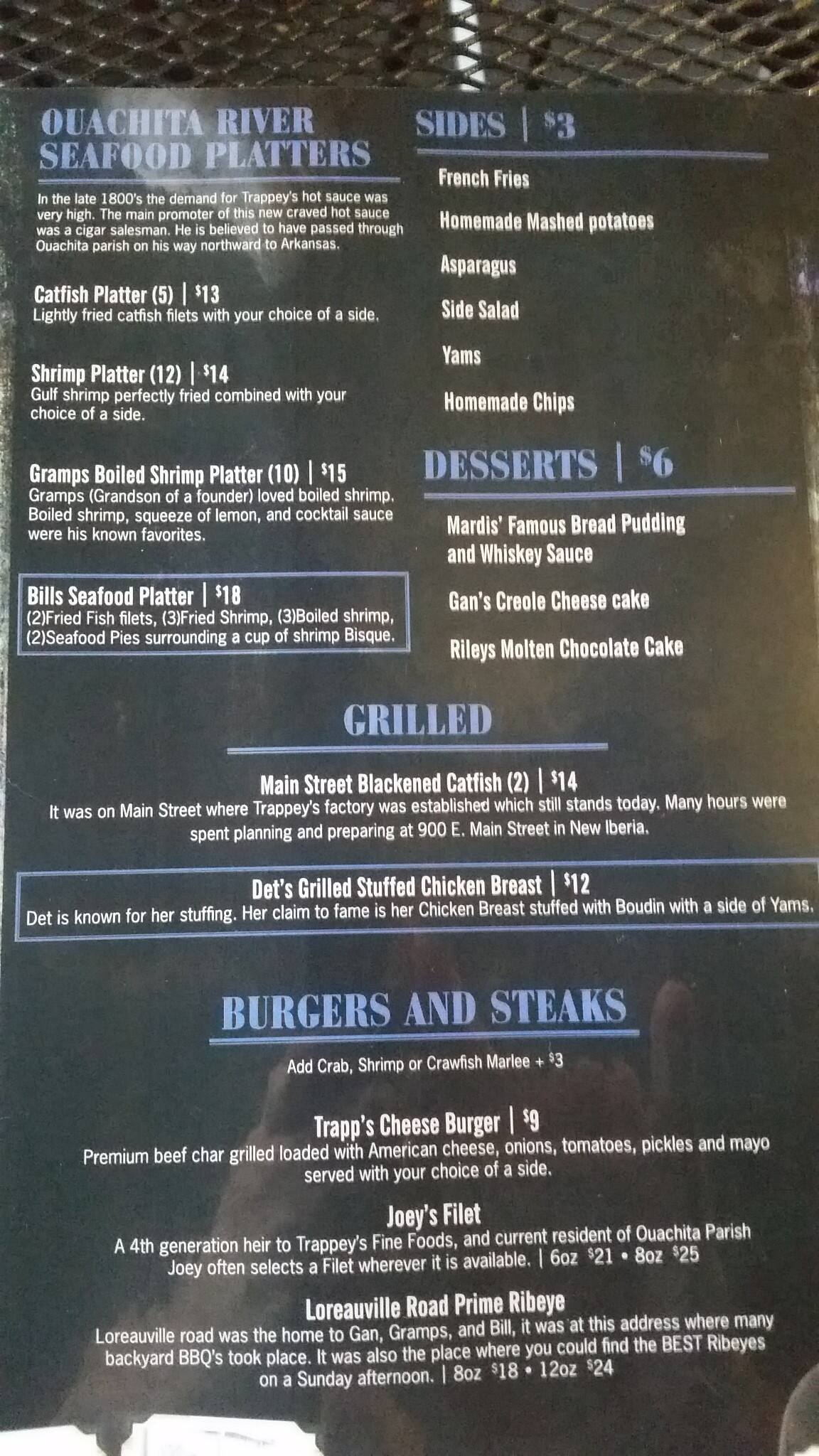 Menu at Trapp's restaurant, West Monroe