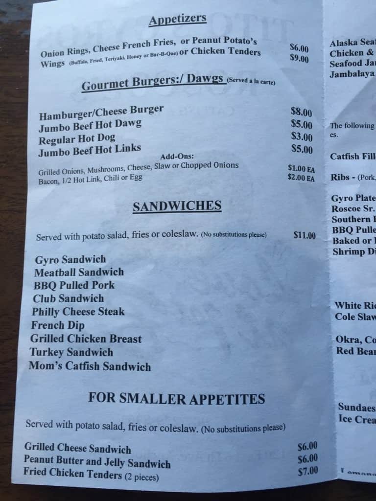 Menu at Roscoe's Catfish and Barbeque, Anchorage