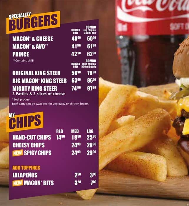Menu at Steers, Nelspruit, Corner R40 & N4 Highway