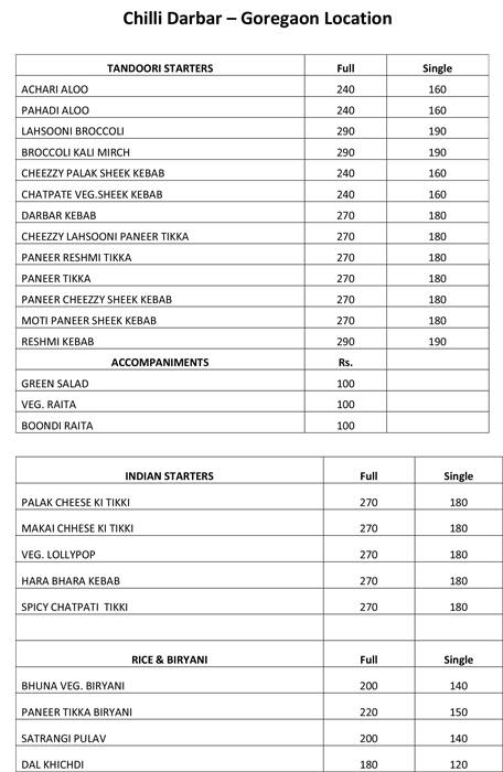 Menu of Chilli Darbar, Goregaon East, Mumbai