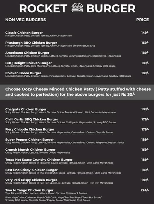Menu of Rocket Burger, Mahakali, Mumbai
