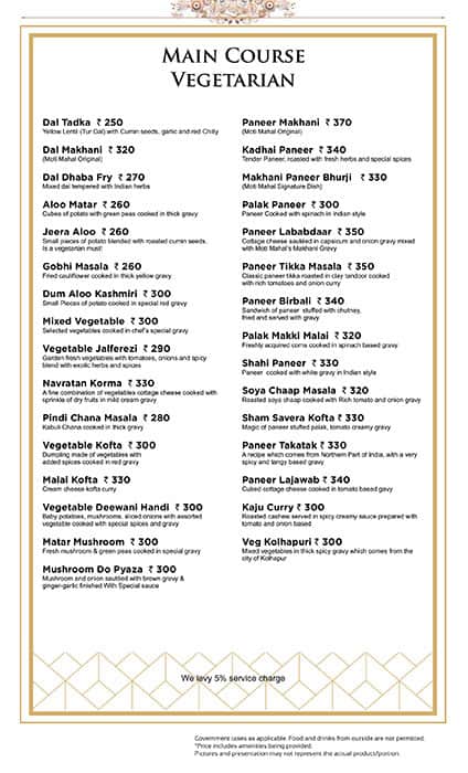 Menu at Moti Mahal Delux Indore, Indore