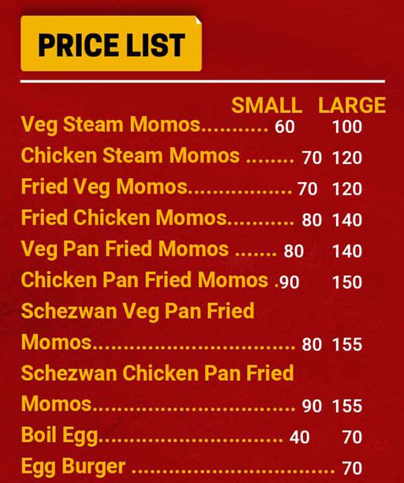 Menu at Momos Factory, Kolkata