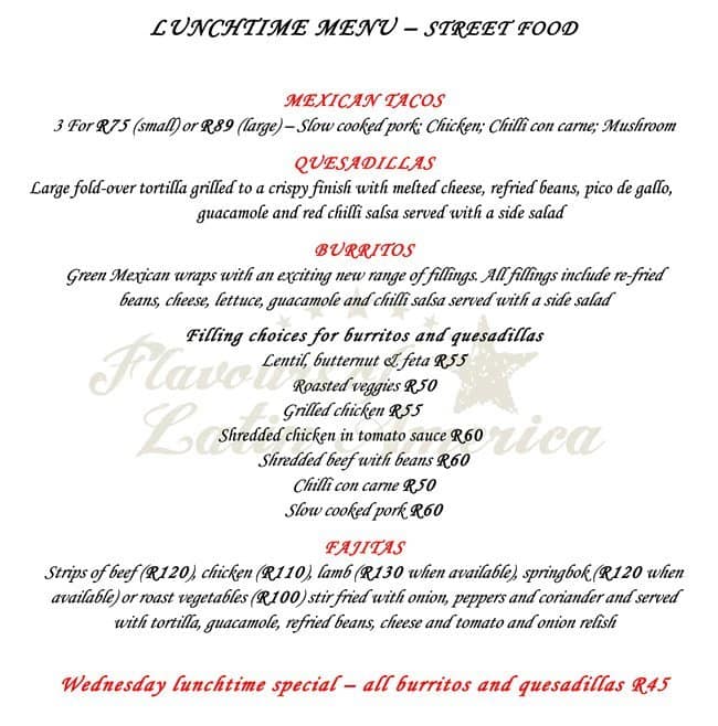 Menu at Orinoco Restaurant and Deli, Cape Town