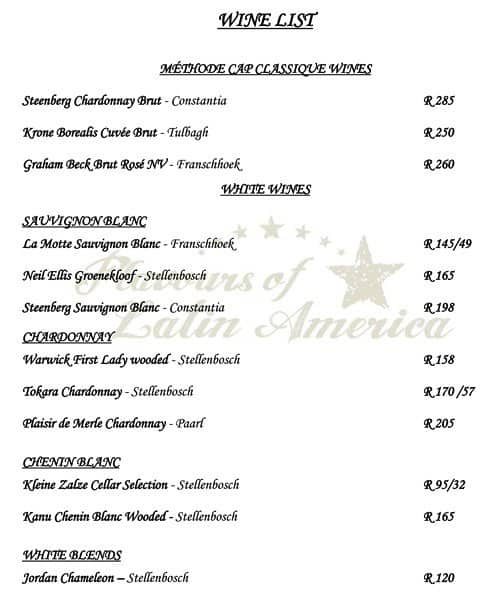 Menu at Orinoco Restaurant and Deli, Cape Town