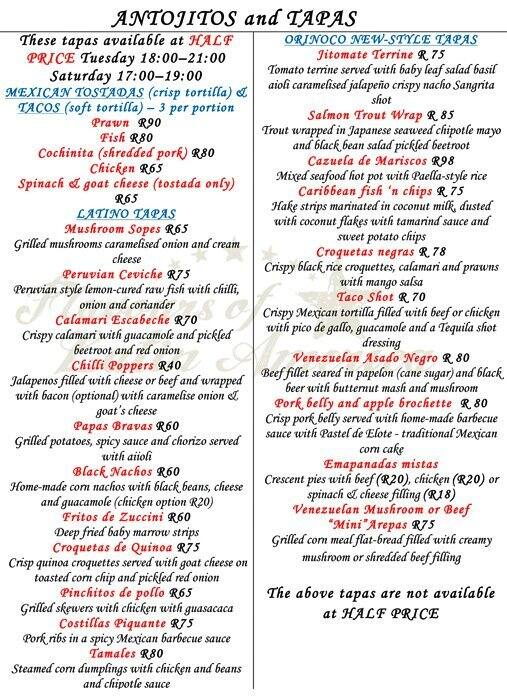 Menu at Orinoco Restaurant and Deli, Cape Town