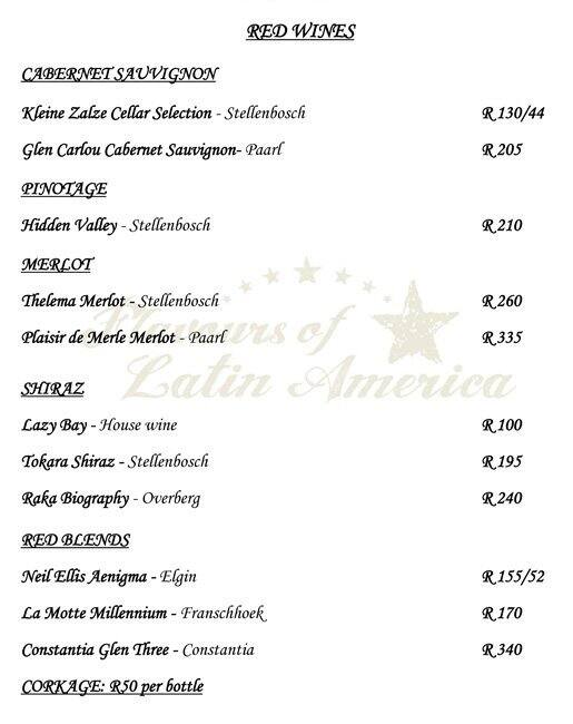 Menu at Orinoco Restaurant and Deli, Cape Town