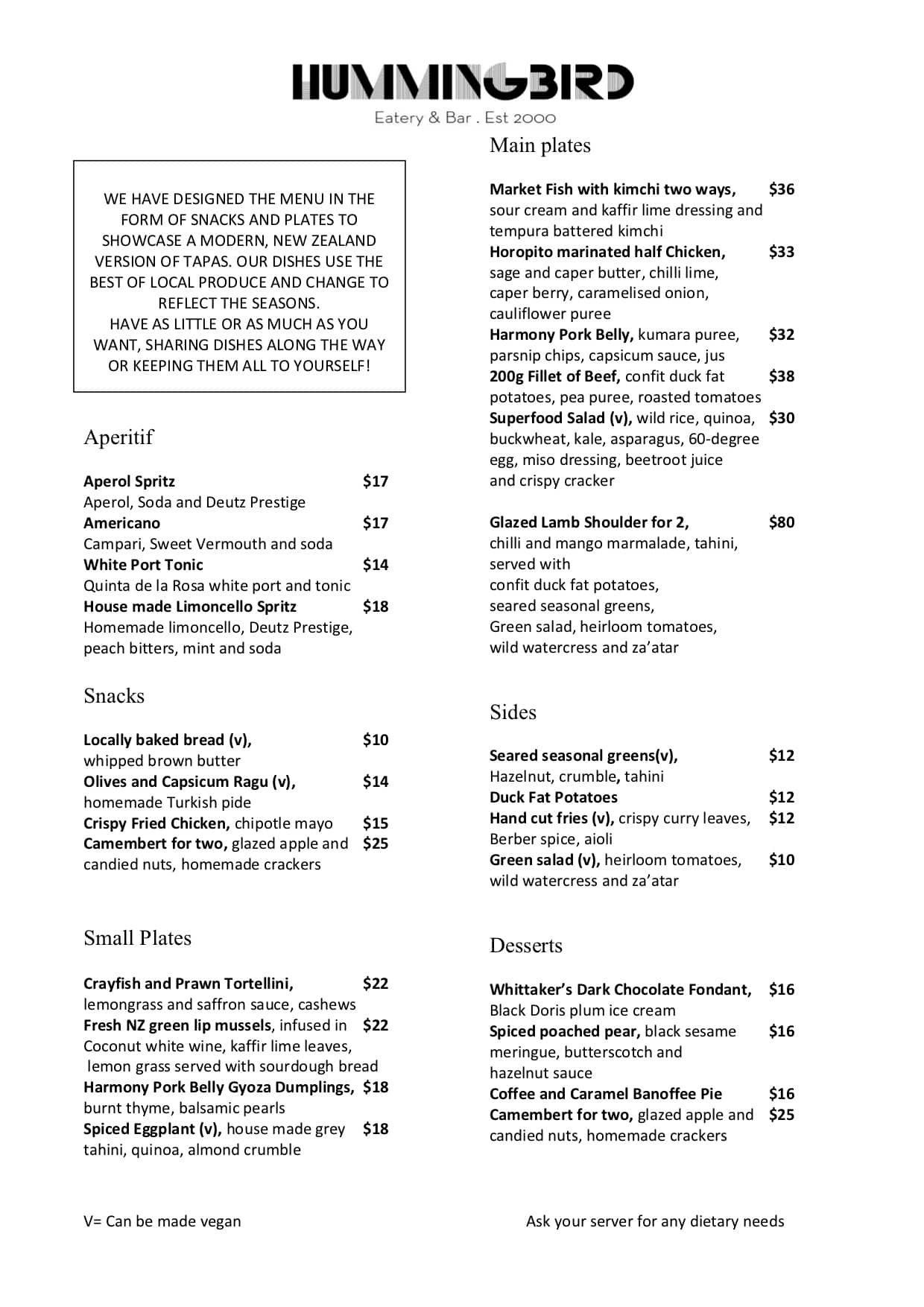 Menu at Hummingbird Eatery & Bar, Wellington