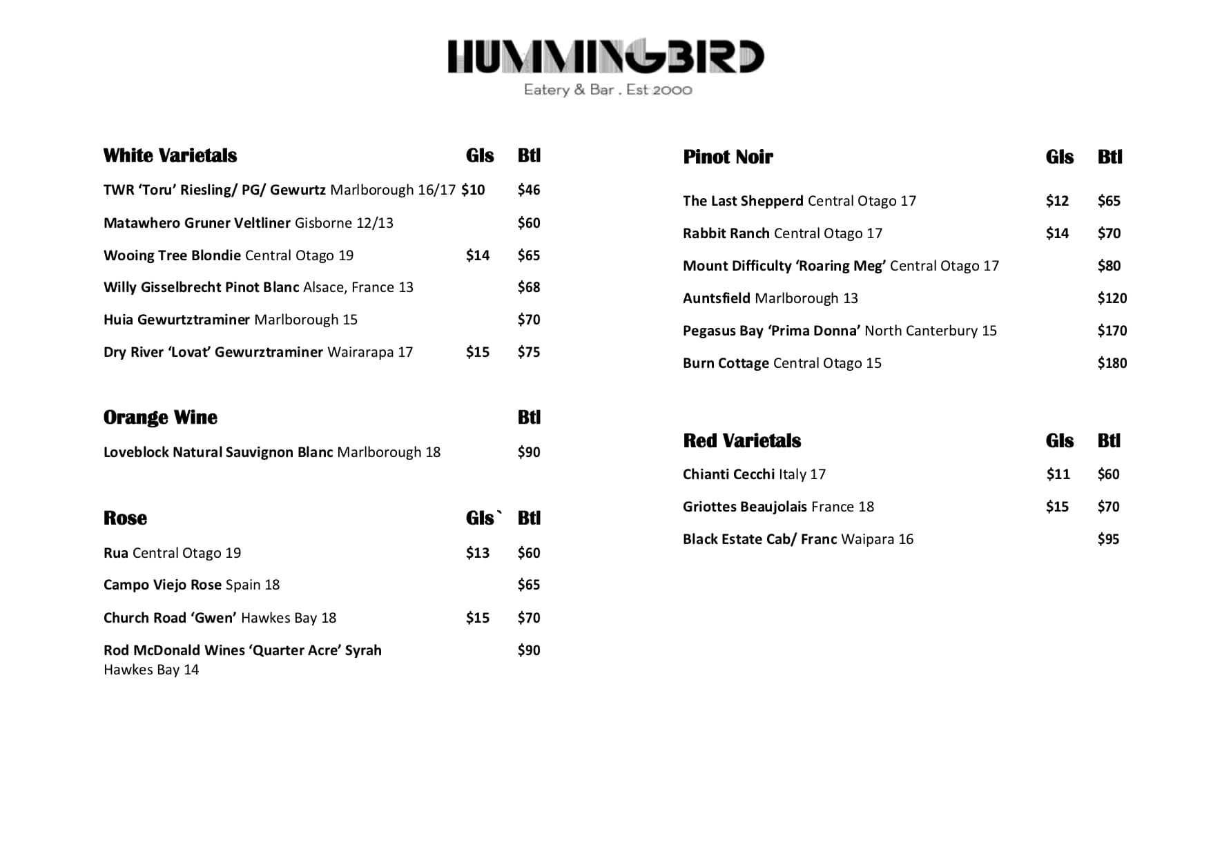 Menu at Hummingbird Eatery & Bar, Wellington