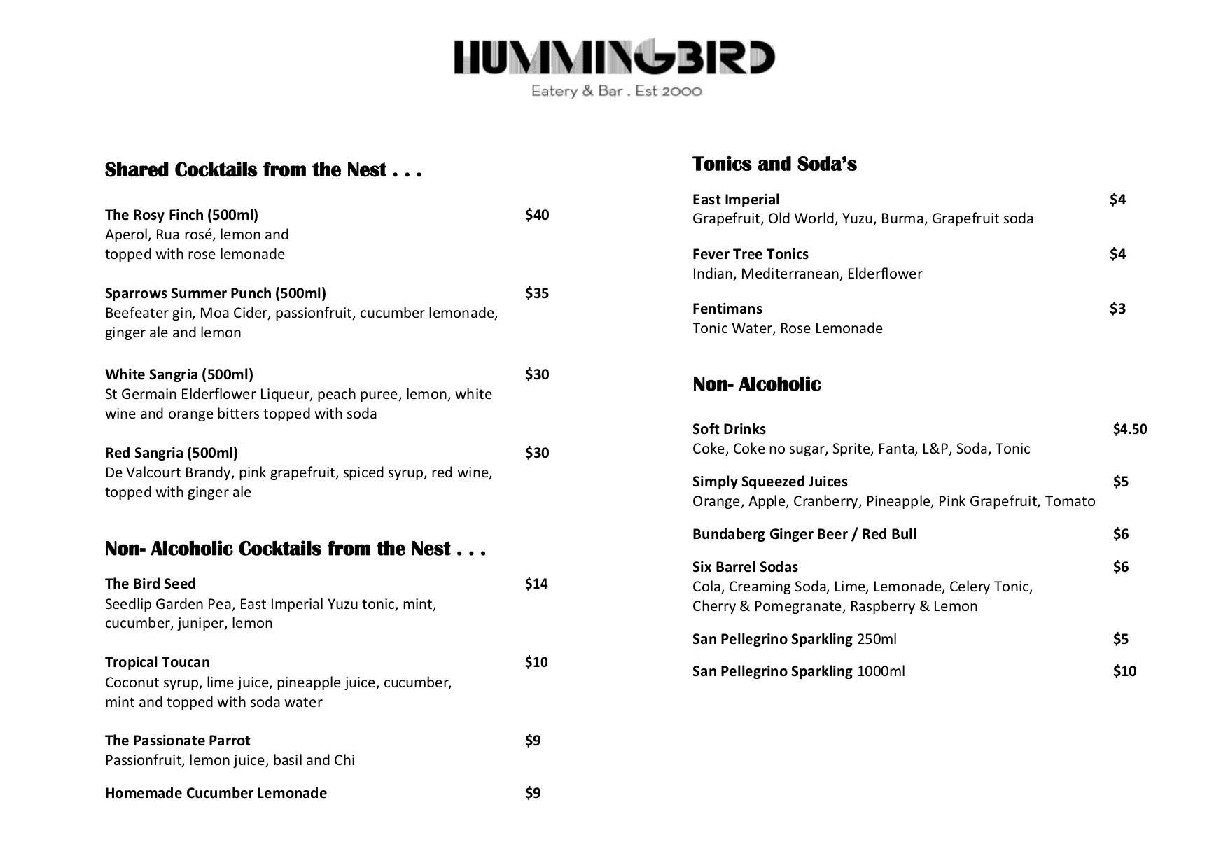 Menu at Hummingbird Eatery & Bar, Wellington