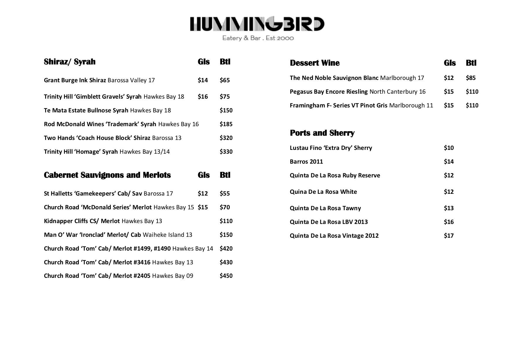 Menu at Hummingbird Eatery & Bar, Wellington