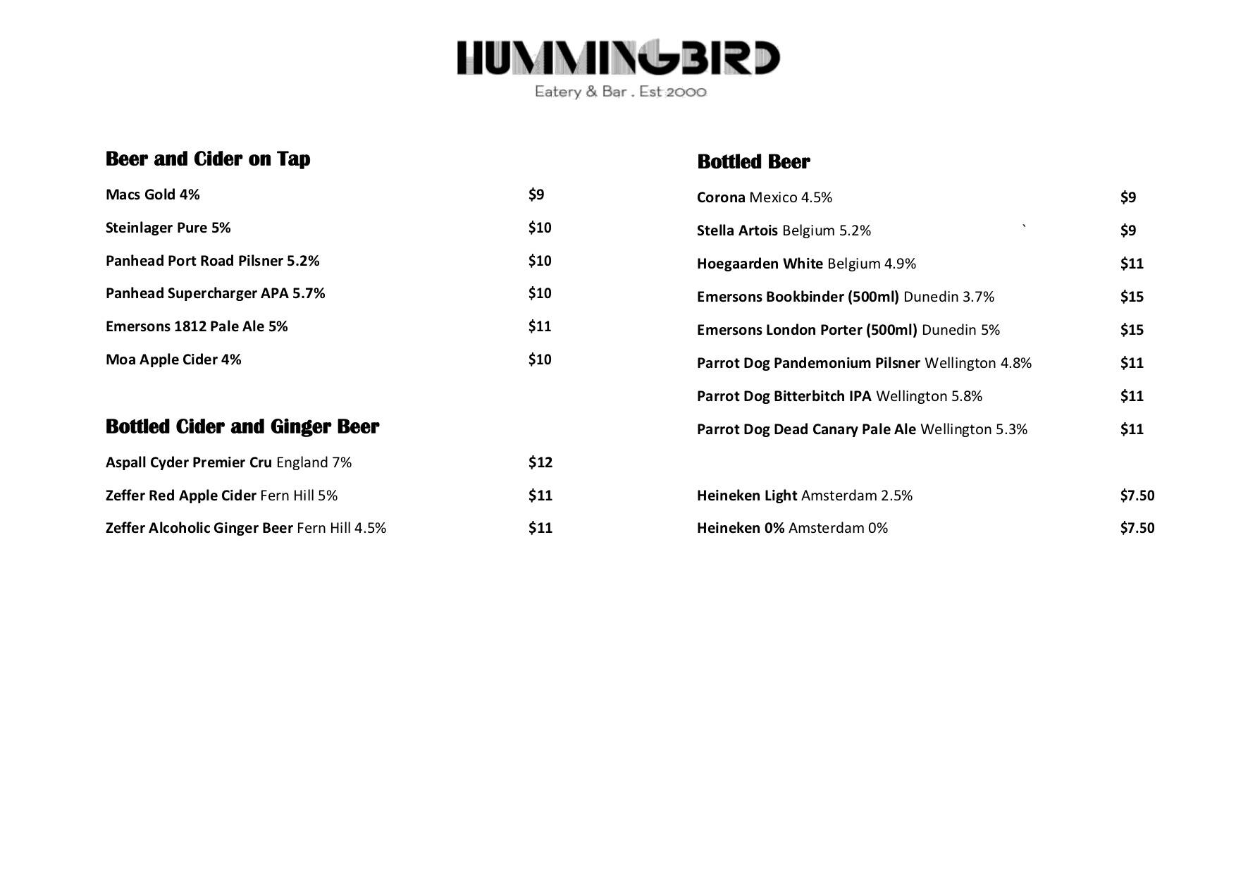 Menu at Hummingbird Eatery & Bar, Wellington