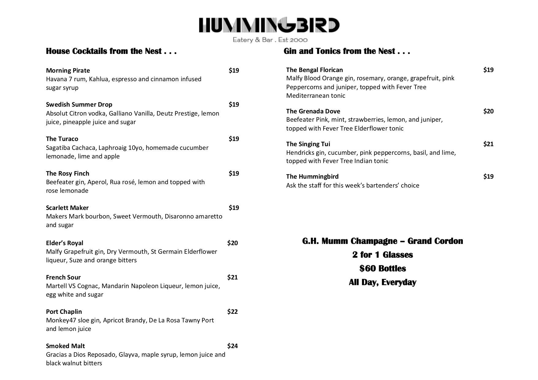 Menu at Hummingbird Eatery & Bar, Wellington