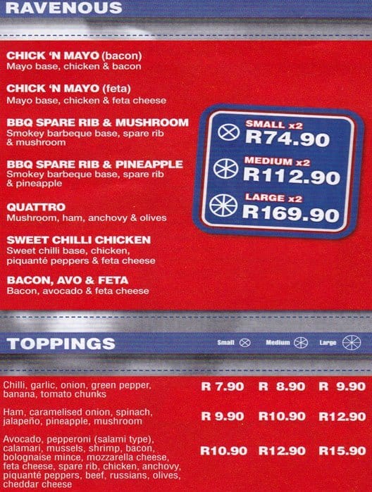 Menu at Roman's Pizza Lynnwood restaurant, Pretoria