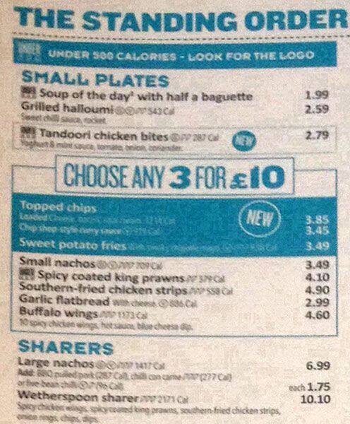 Menu at The Standing Order pub & bar, Edinburgh, 62-66 George St