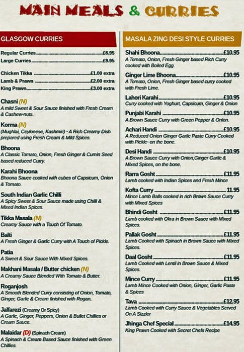 Menu at Masala Zing restaurant, Glasgow, 523 Sauchiehall Street