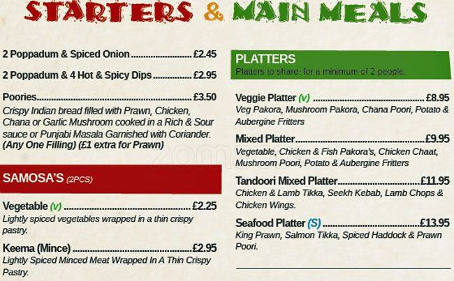 Menu at Masala Zing restaurant, Glasgow, 523 Sauchiehall Street