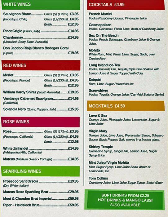 Menu at Masala Zing restaurant, Glasgow, 523 Sauchiehall Street