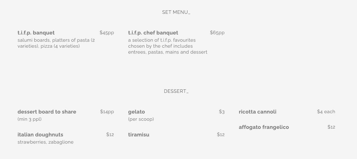 Menu at The Italian Food Project restaurant, Camden