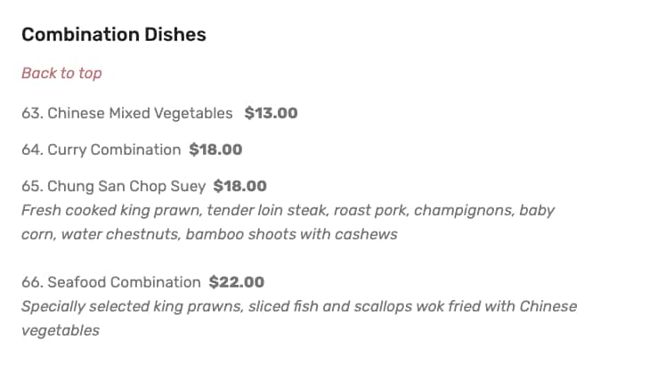 Menu at Chung San Chinese Restaurant, South Morang