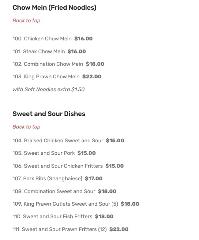 Menu at Chung San Chinese Restaurant, South Morang