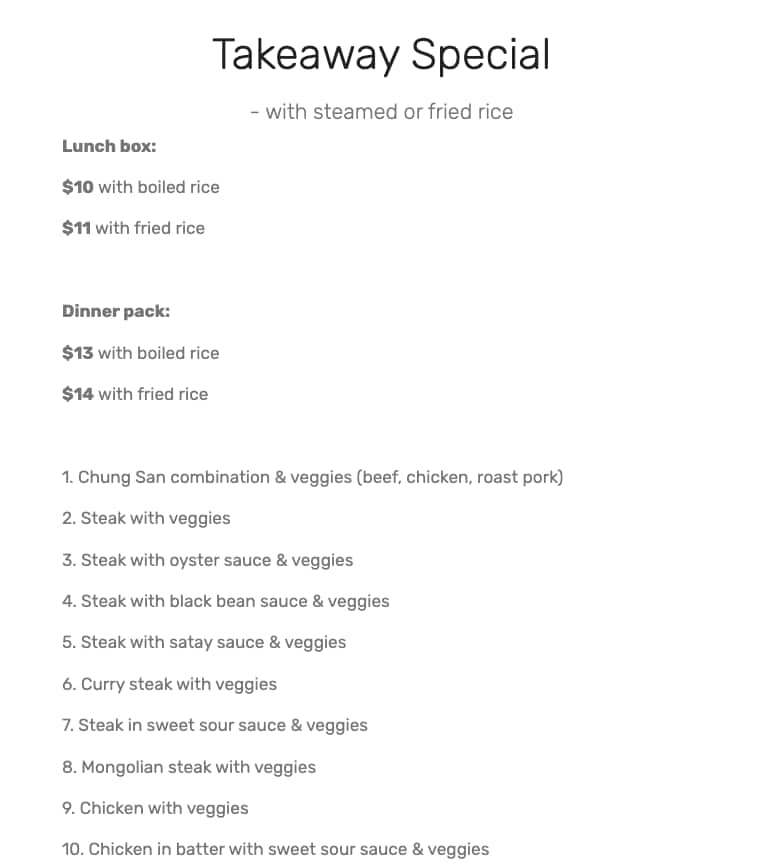 Menu at Chung San Chinese Restaurant, South Morang