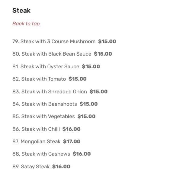 Menu at Chung San Chinese Restaurant, South Morang