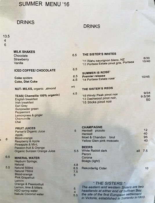 Menu at The Sisters Kitchen Garden Cafe, Sorrento