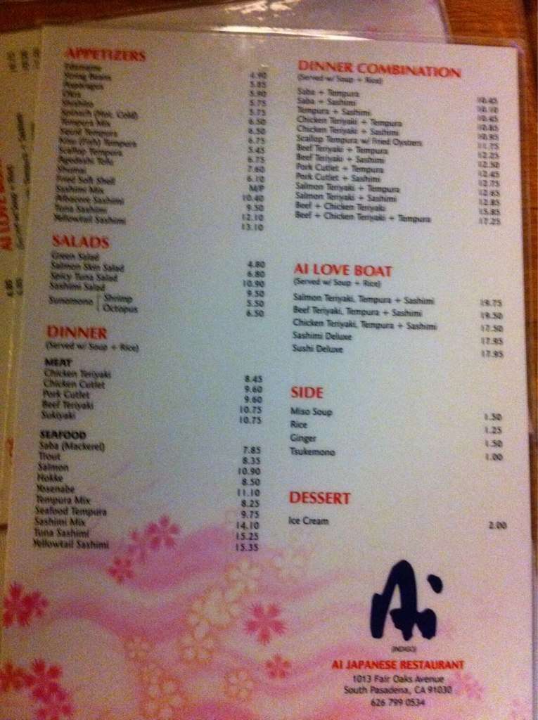 Ai Japanese Restaurant Menu, Menu for Ai Japanese Restaurant, South ...