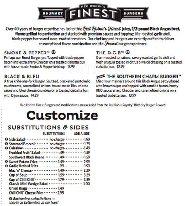 Menu at Red Robin Gourmet Burgers and Brews restaurant, Cedar Hill