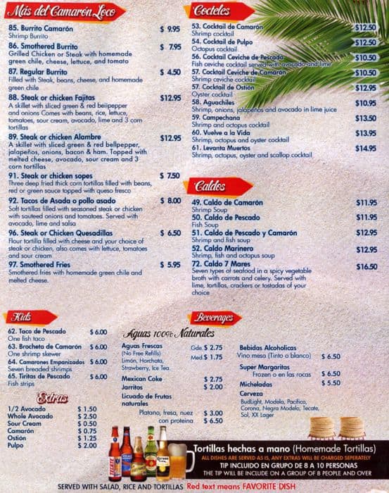 Menu at El Camaron Loco restaurant, Brighton, 105 A Bridge Street