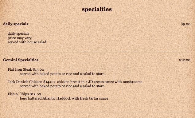 Menu at Gemini Bar & Grill, Lake Oswego